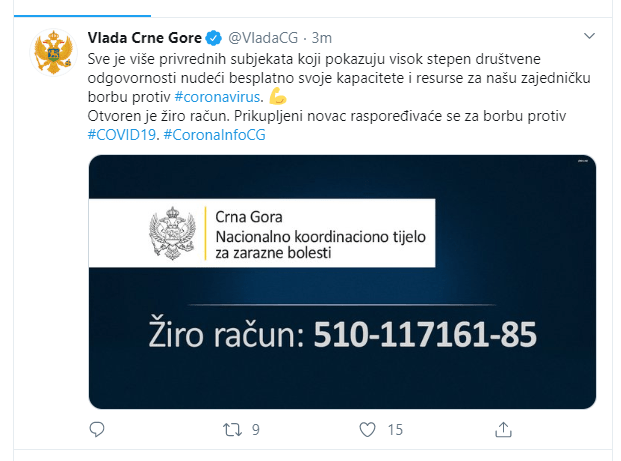 Otvoren žiro račun za pomoć u borbi protiv koronavirusa