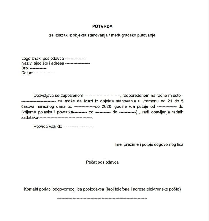 Ovako izgleda potvrda o potrebi kretanja zaposlenog | Standard