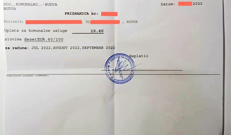 Komunalno Budva izdaje priznanice umjesto fiskalnog računa